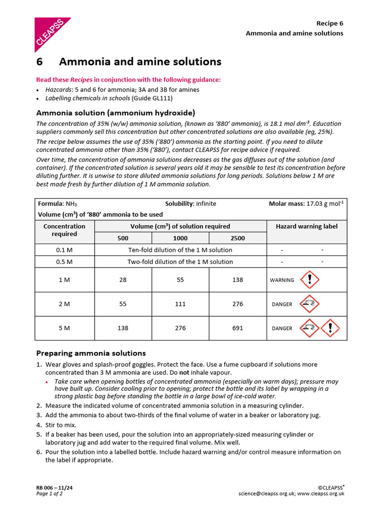 RB006 Ammonia and Amine Solutions | PDF | Ammonia | Concentration