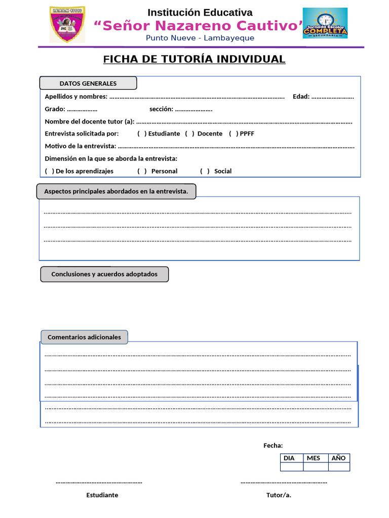 Ficha de Tutoria Individual Primero A y B - Imprimir | PDF