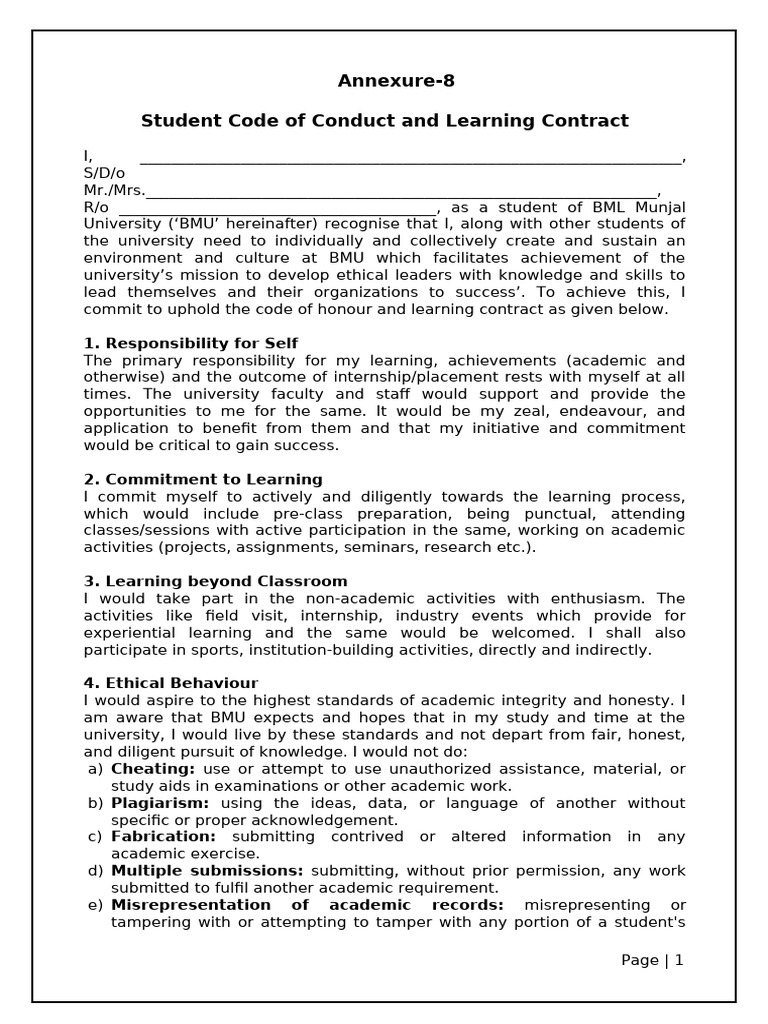 Annexure-8 (Student Code of Conduct and Learning Contract) | PDF | Academic Dishonesty