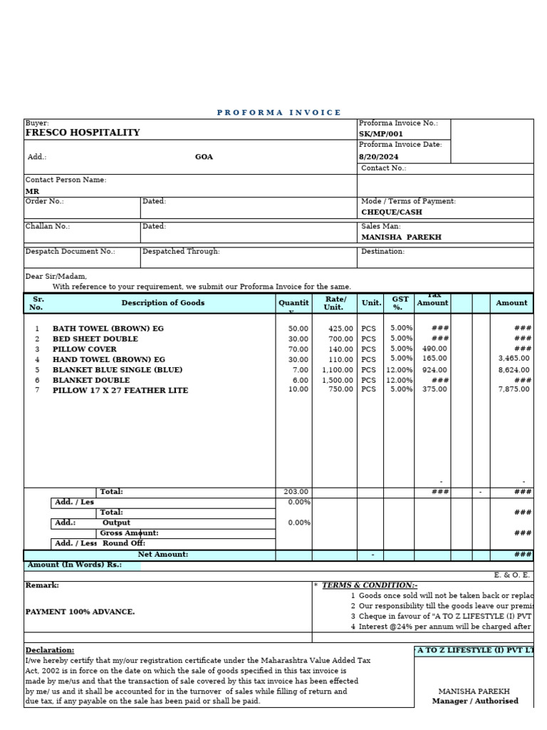 Proforma of Towels For Freshco 20 Aug 24 | PDF | Invoice | Taxes