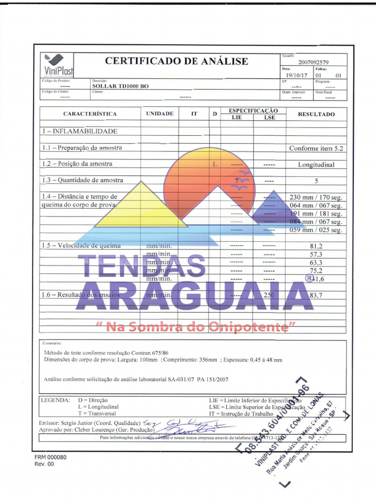 Certificado de Análise - TD1000 | PDF