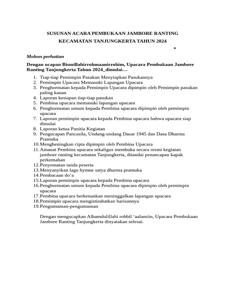 Susunan Acara Pembukaan Jambore Ranting | PDF