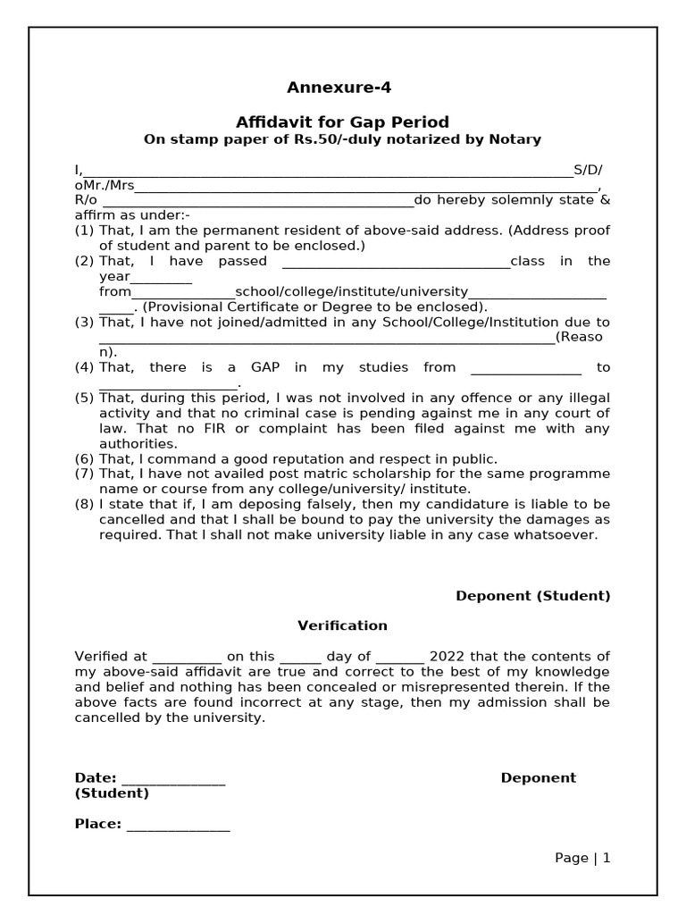 Annexure-4 (Affidavit For Gap Period) | PDF | Affidavit | Public Law
