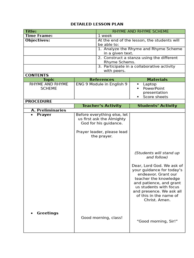 Rhyme Scheme Lesson Plan | PDF | Rhyme | Poetry