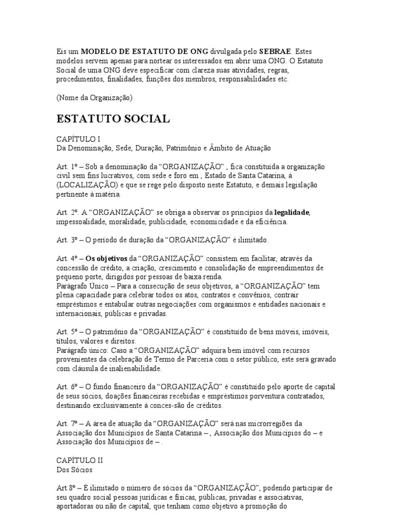 Modelo de Estatuto de Ong Divulgada Pelo Sebrae | PDF | Conselho de ...