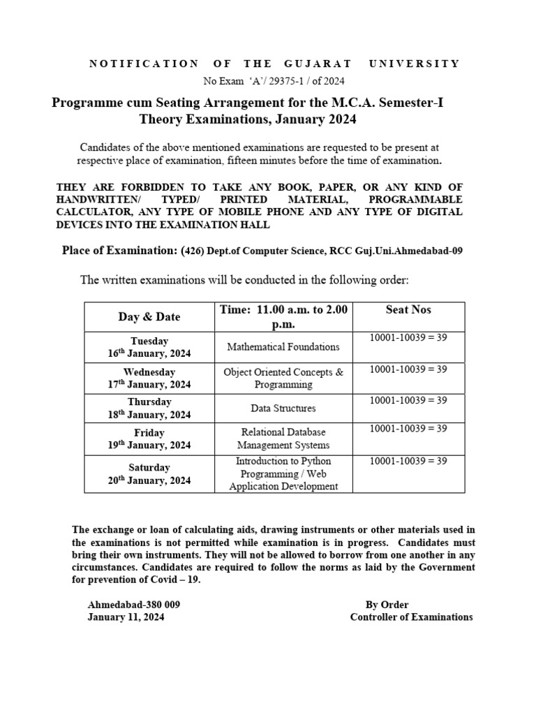 MCA I THEORY Schedule January 2024 | PDF