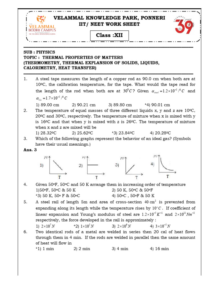 Physics Worksheet for Class XII | PDF | Thermal Expansion | Temperature