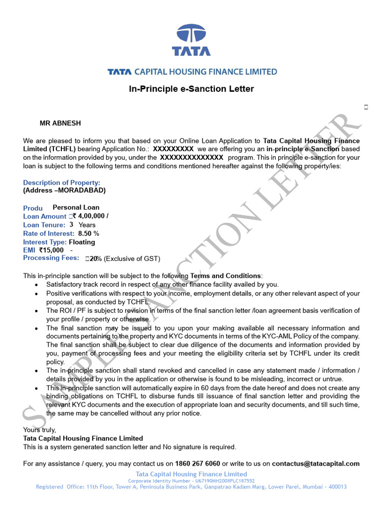 Sample E-Sanction Letter | PDF | Mortgages | Loans