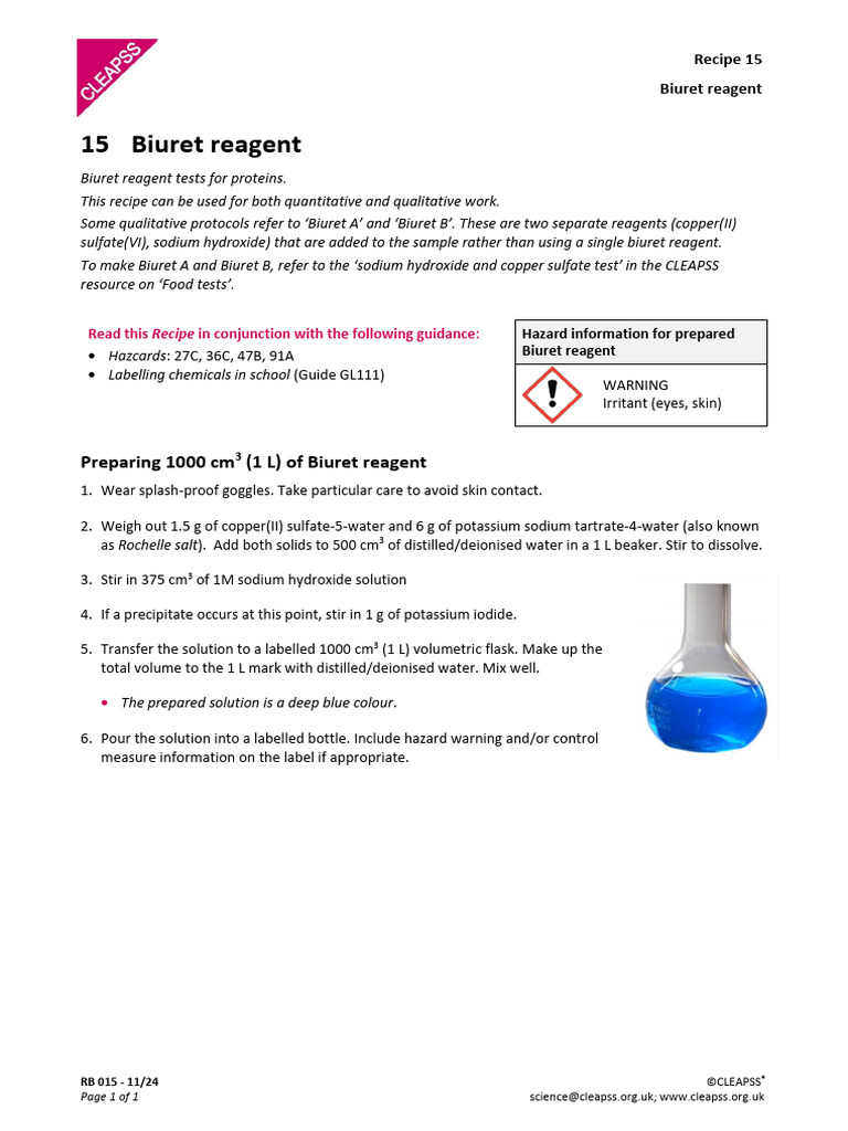 Biuret Reagent Preparation Guide | PDF