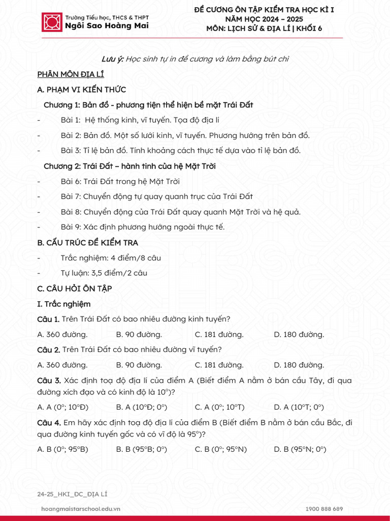 ĐỀ CƯƠNG 6 HKI-1 | PDF