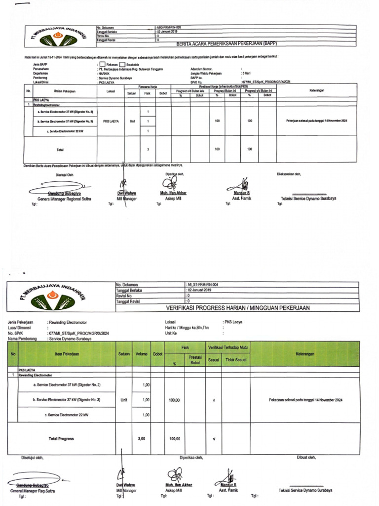 BAPP & Verifikasi Progress Electromotor 37 KW & 22 KW | PDF