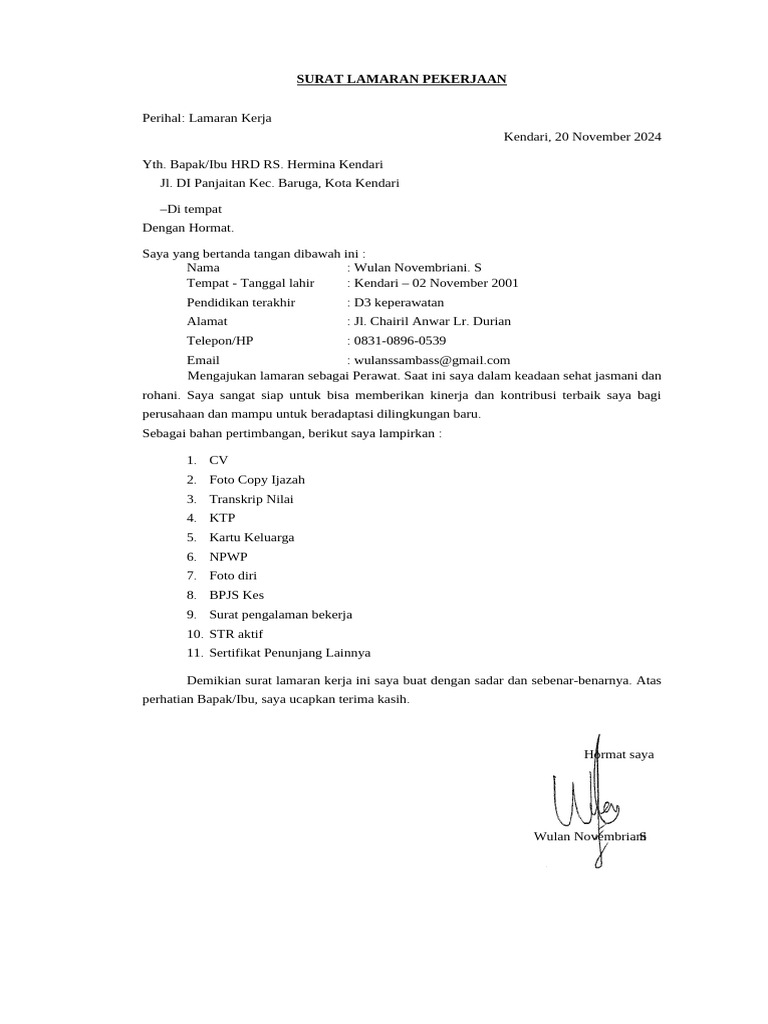 Lamaran Kerja Perawat Wulan Novembriani | PDF