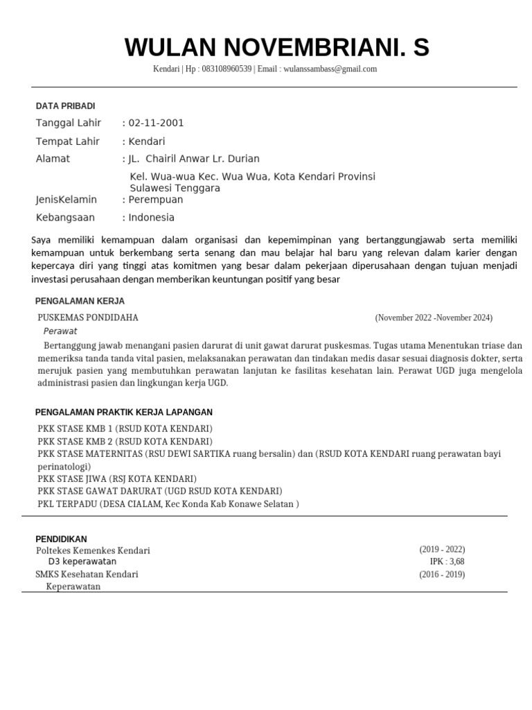 CV Wulan Novembriani S | PDF