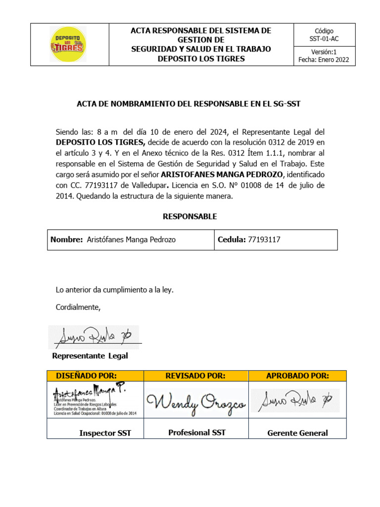 Sst-002-Ac Acta Responsable Del SG-SST (2) Corregida. | PDF | Gobierno