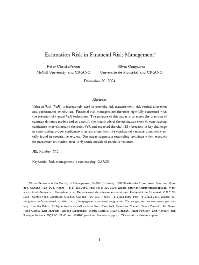 VaR Estimation Risk in Financial Risk Management | PDF | Bootstrapping ...