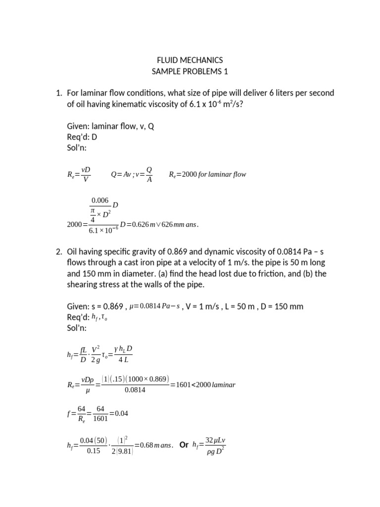 Lec 28 Sample Problem 1 Fluid Flow in Pipes | PDF | Fluid Dynamics | Laminar Flow