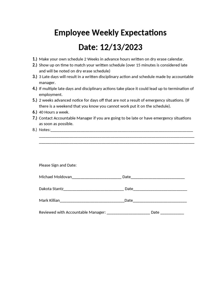 Employee Weekly Expectations | PDF