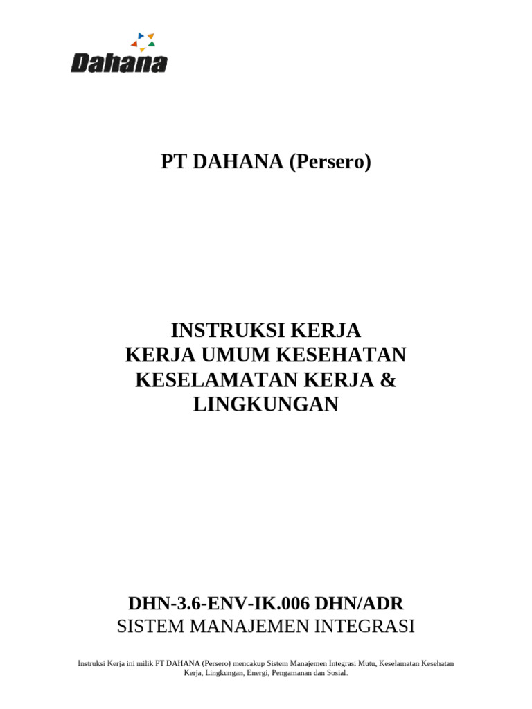 DHN-3.6-ENV-IK.004 IK Umum Kesehatan Keselamatan & Lingkungan - MHU | PDF