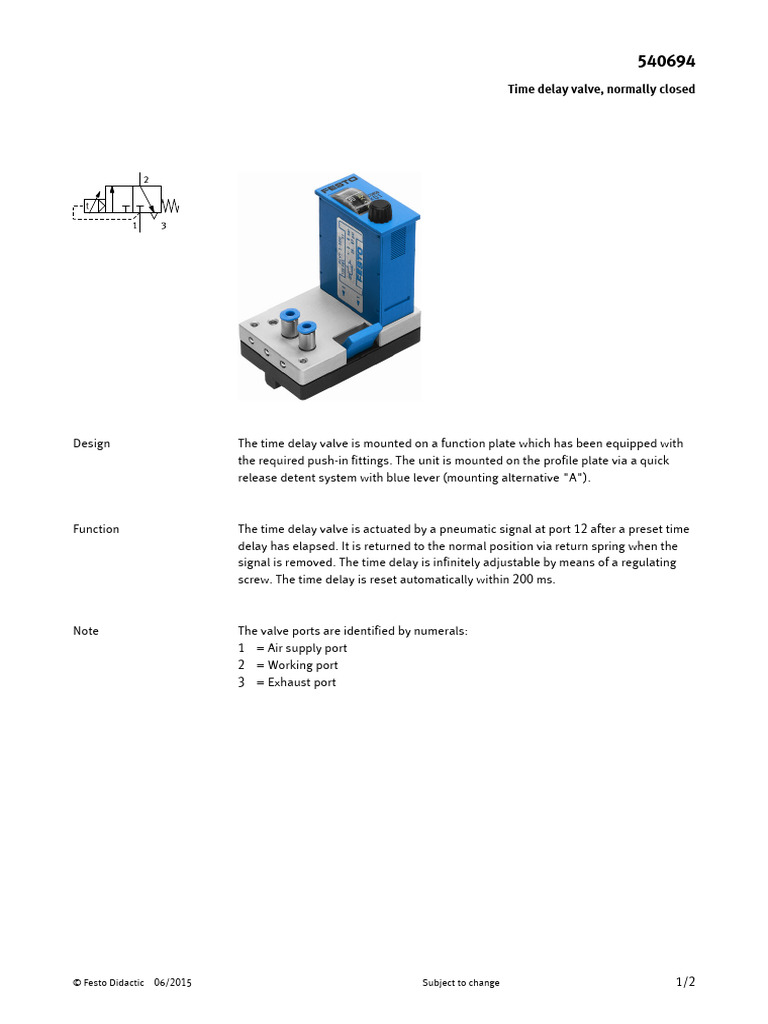 en v2.0 Time Delay Valve Normally Closed | PDF | Valve | Switch
