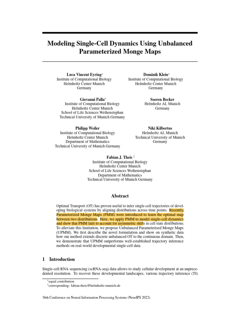Modeling Single Cell Dynamics Using Unbalanced Parameterized Monge Maps