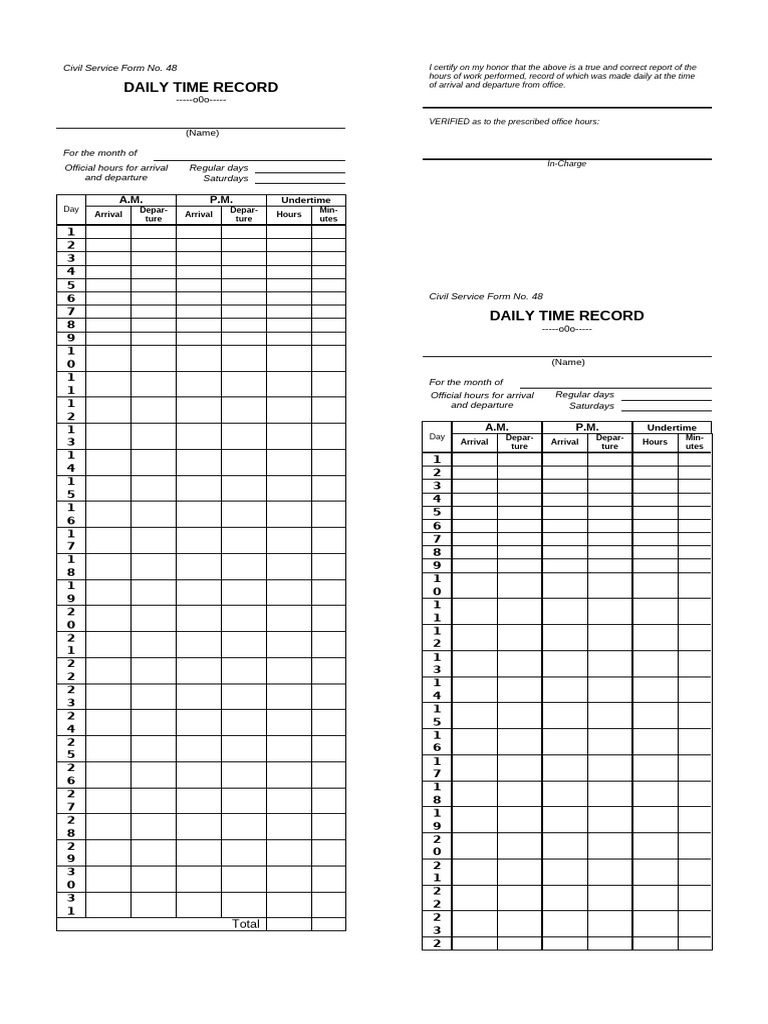 CSCForm48 DailyTimeRecord | PDF