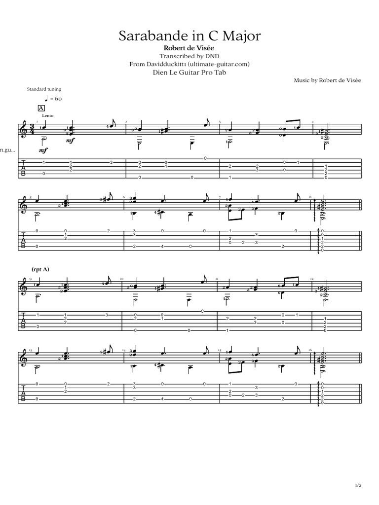 Sarabande in C Major - Robert de Visée - Classical Guitar With Tab | PDF | Guitar Family ...