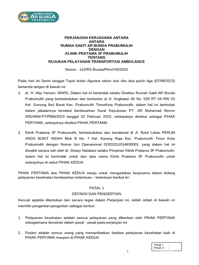 Draft Mou Transfortasi Ambulance RS Ar Bunda - Klinik 3 F | PDF