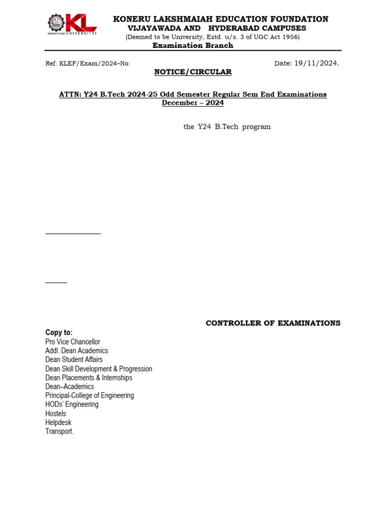 Y24 B.Tech End Semester Examination Notification Dec - 2024 (2024-205 ODD Sem) | PDF