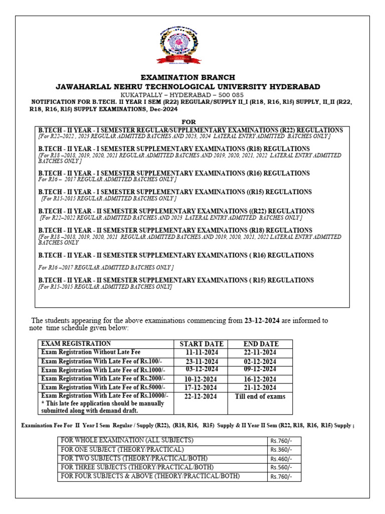 JNTUH B.Tech 2-1 2-2 Exams Notification Dec 2023 | PDF | Qualifications