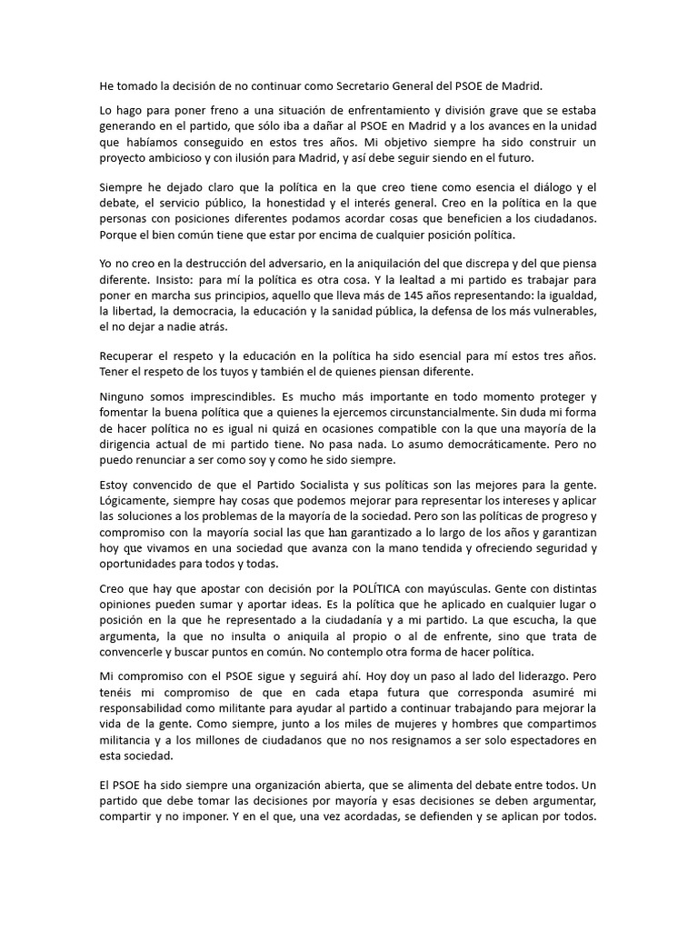 Carta de Dimisión de Juan Lobato | PDF | Democracia | Ideologías políticas