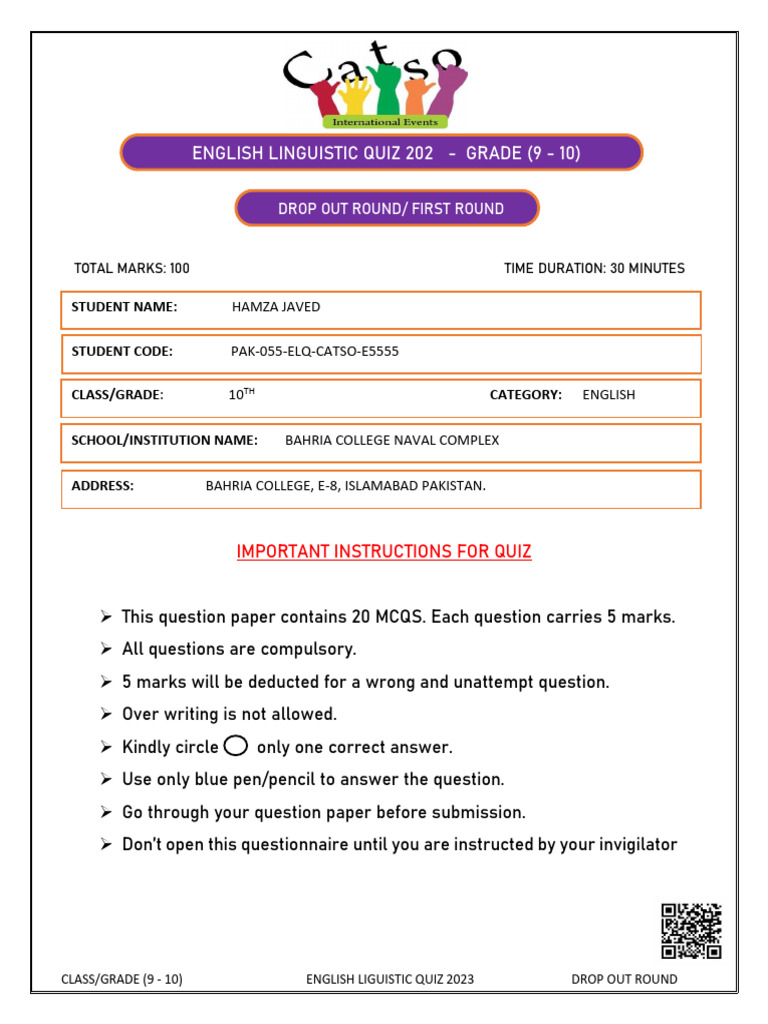 Grade 9 10 Sample Paper | PDF | Syntax | Grammar
