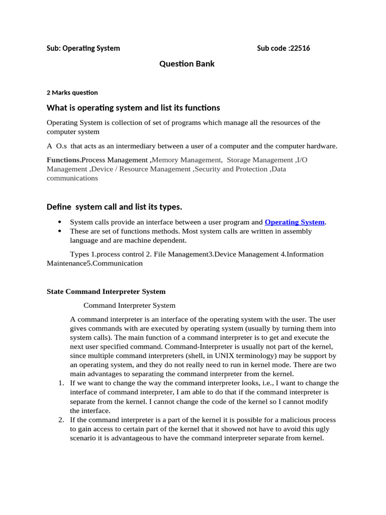 Question Bank Osy-1 | PDF | Operating System | Process (Computing)