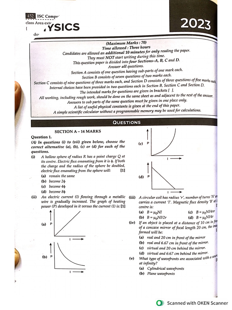 2023 24 ISC Physics Past Papers | PDF