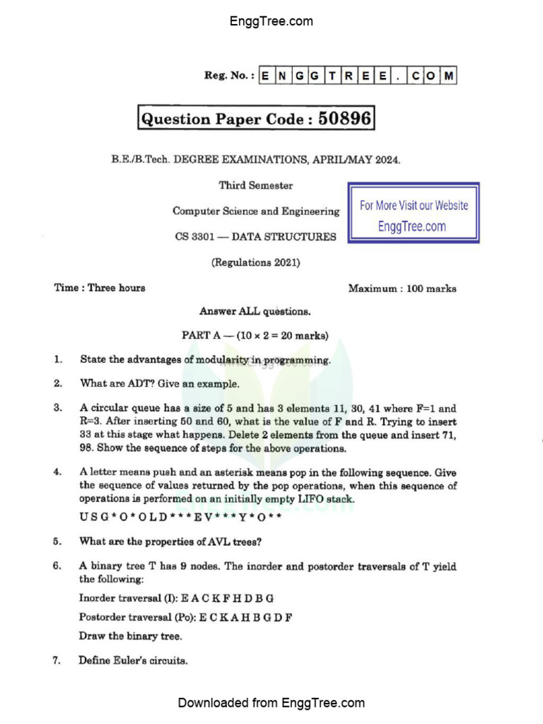 CS3301 Data Structures Apr May 2024 Question Paper Download | PDF