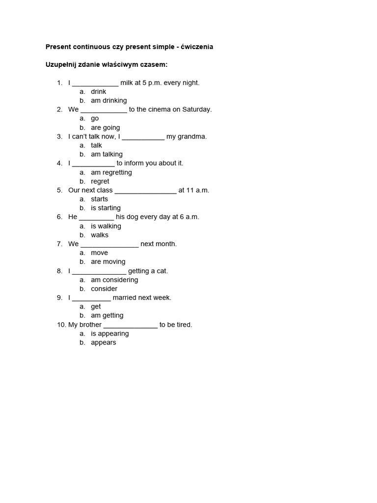 Present Continuous Czy Present Simple Ćwiczenia | PDF