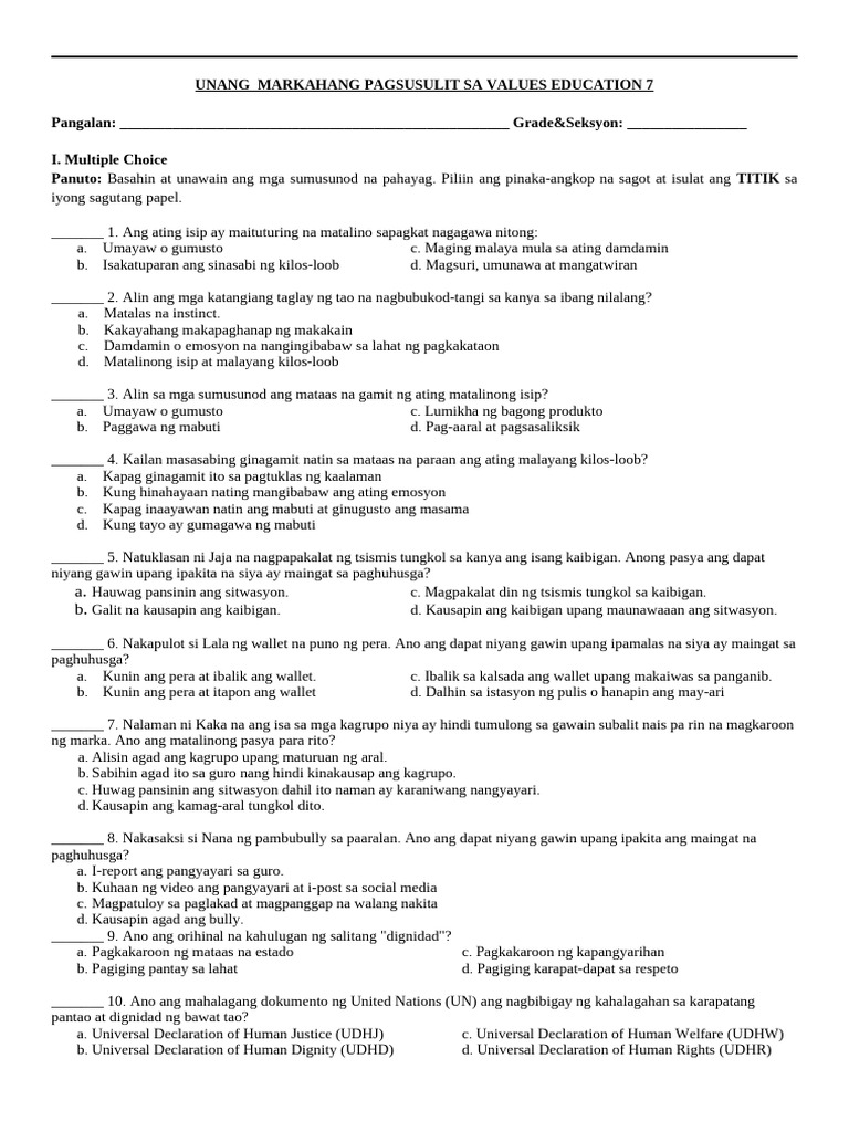 Unang Markahang Pagsusulit Sa Values Education | PDF