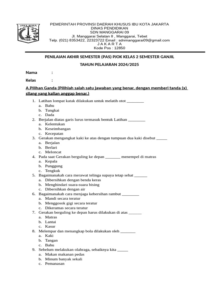 Soal Pas Pjok Kelas 2 | PDF