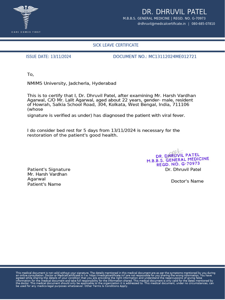 Sick Leave Certificate for Viral Fever | PDF