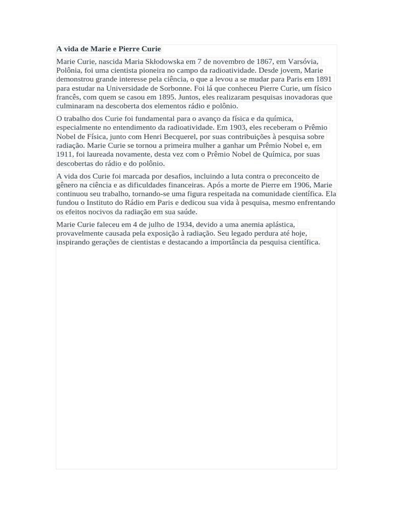 Contribuições de Marie e Pierre Curie | PDF | Marie Curie | Radiação ...