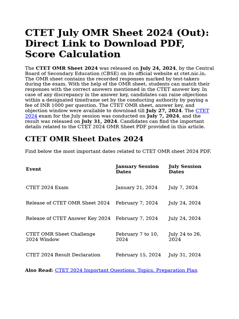 CTET 2024 OMR Sheet Guide | PDF