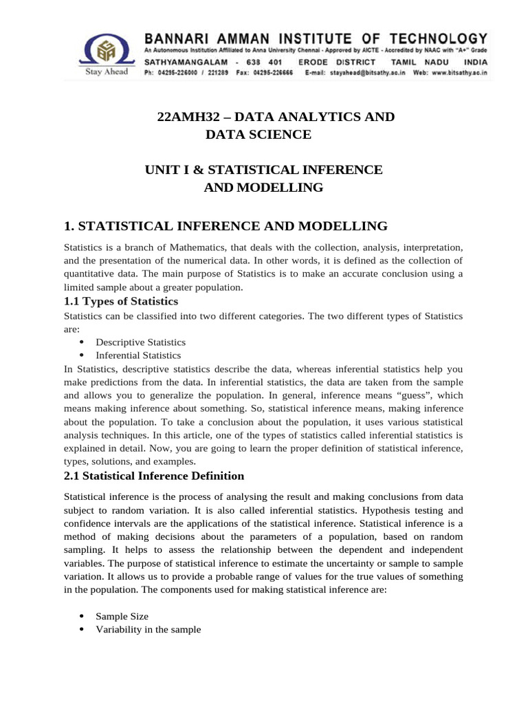 22amh32 - Data Analytics and Data Science Unit I & Statistical Inference and Modelling 1 ...