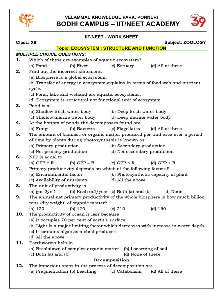 Ecosystem Structure and Function - Zoology Neet Worksheet | PDF | Food ...