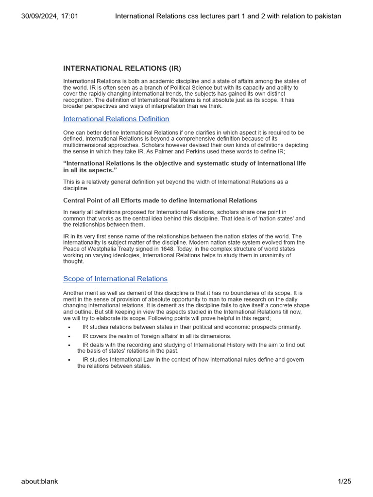 International Relations Css Lectures Part 1 and 2 With Relation To Pakistan | PDF | Sovereignty ...