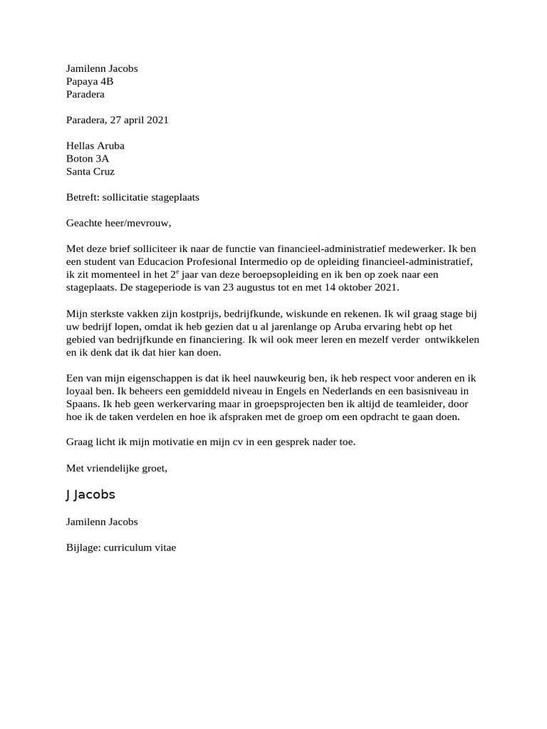 Sollicitatie Brief (NE-8) Jamilenn Jacobs | PDF