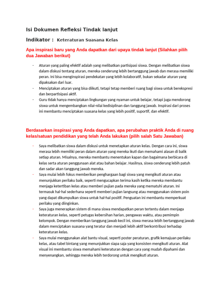 Refleksi Tindak Lanjut Keteraturan Kelas | PDF