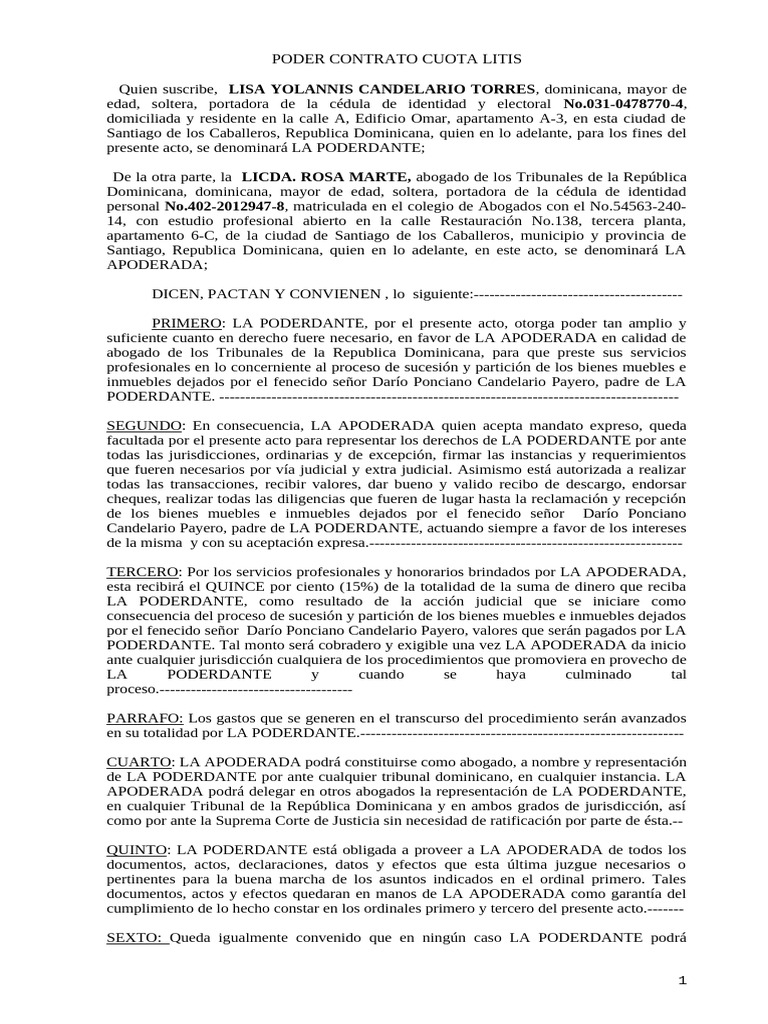 MODELO PODER CUOTA LITIS Determinacion de Herederos | PDF | Abogado | República Dominicana