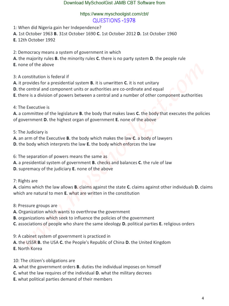 Government JAMB Past Questions and Answers | PDF | Separation Of Powers ...