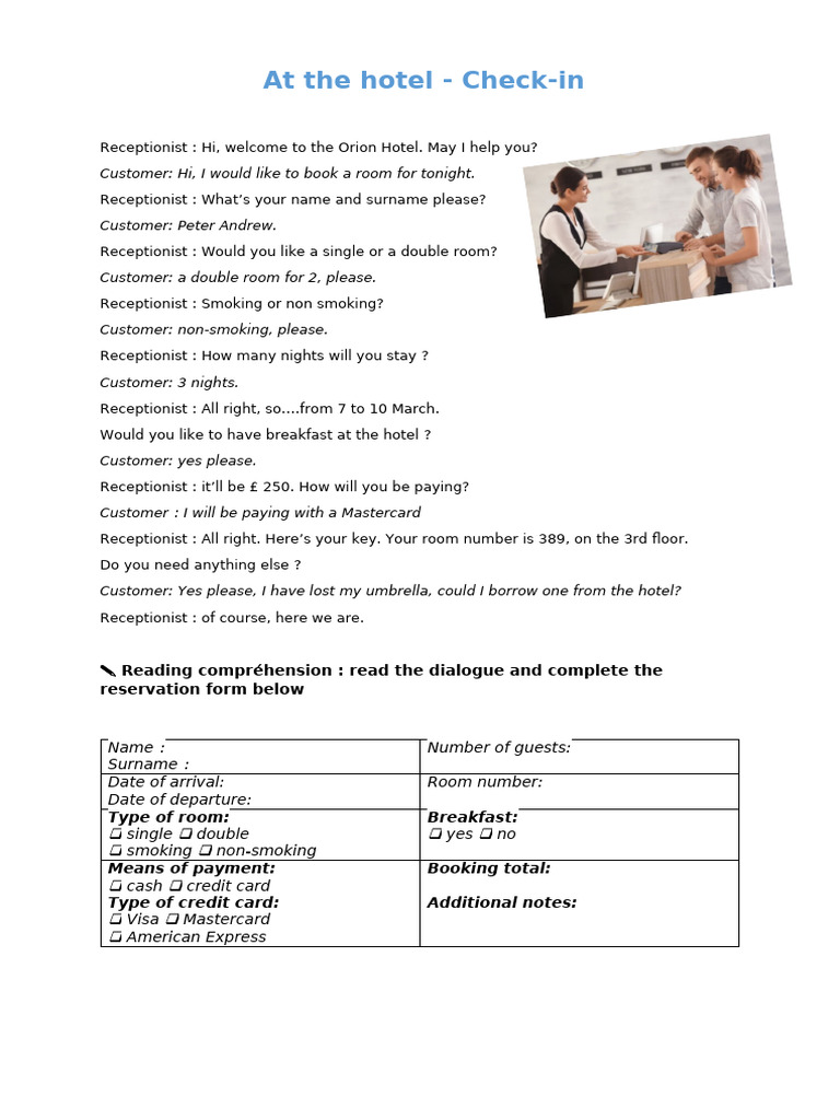 Hotel Checkin Conversation Topics Dialogs Reading Comprehension ...