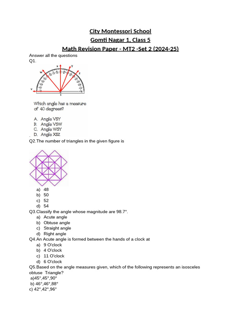 Class 5 Math Revision Paper 2024 | PDF | Triangle | Elementary Mathematics