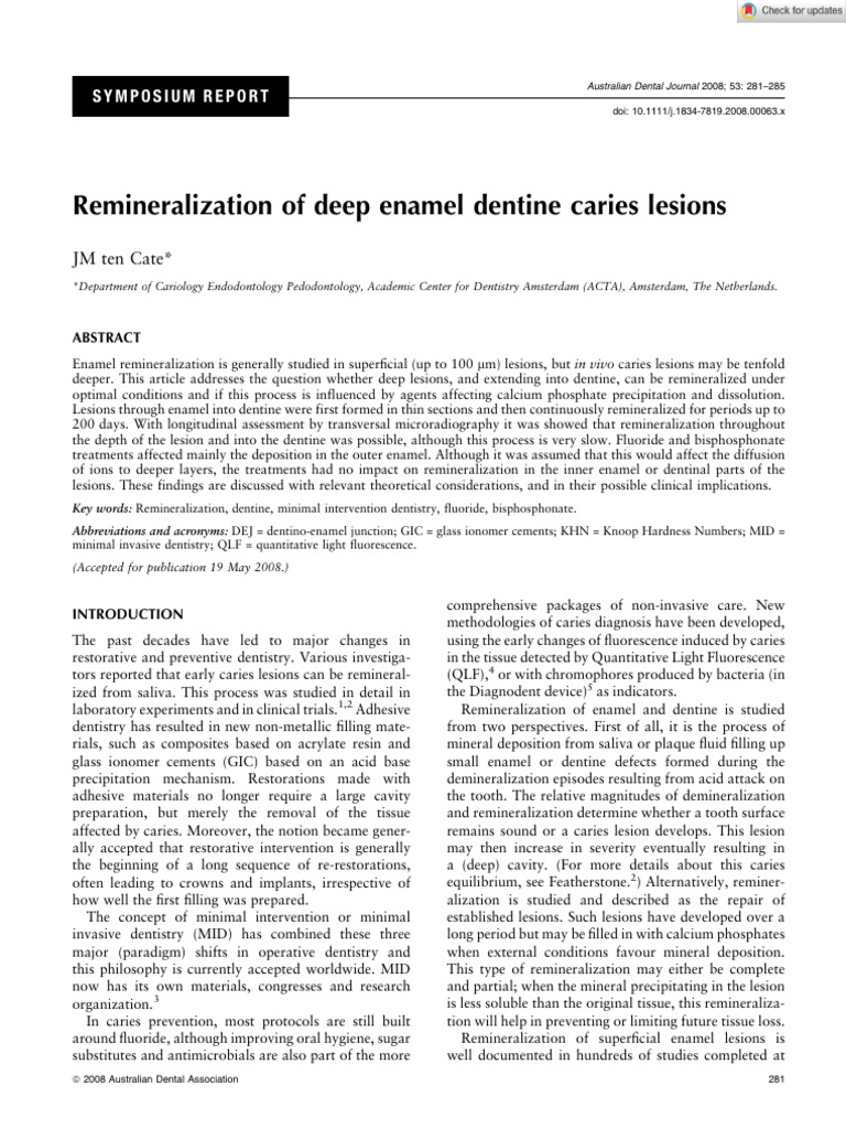 Australian Dental Journal - 2008 - Ten Cate - Remineralization of Deep Enamel Dentine Caries ...